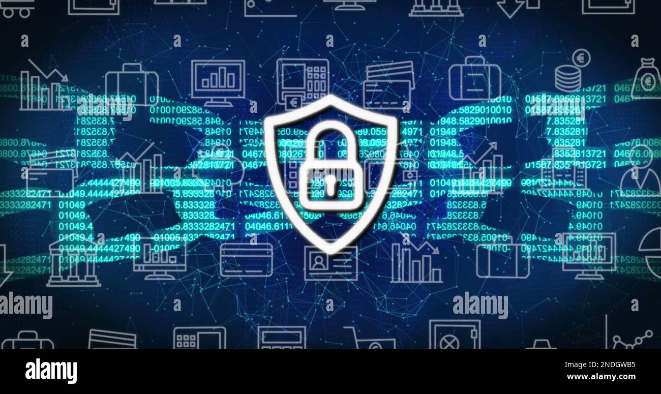 Composition of padlock icons over business icons and chains with data ...
