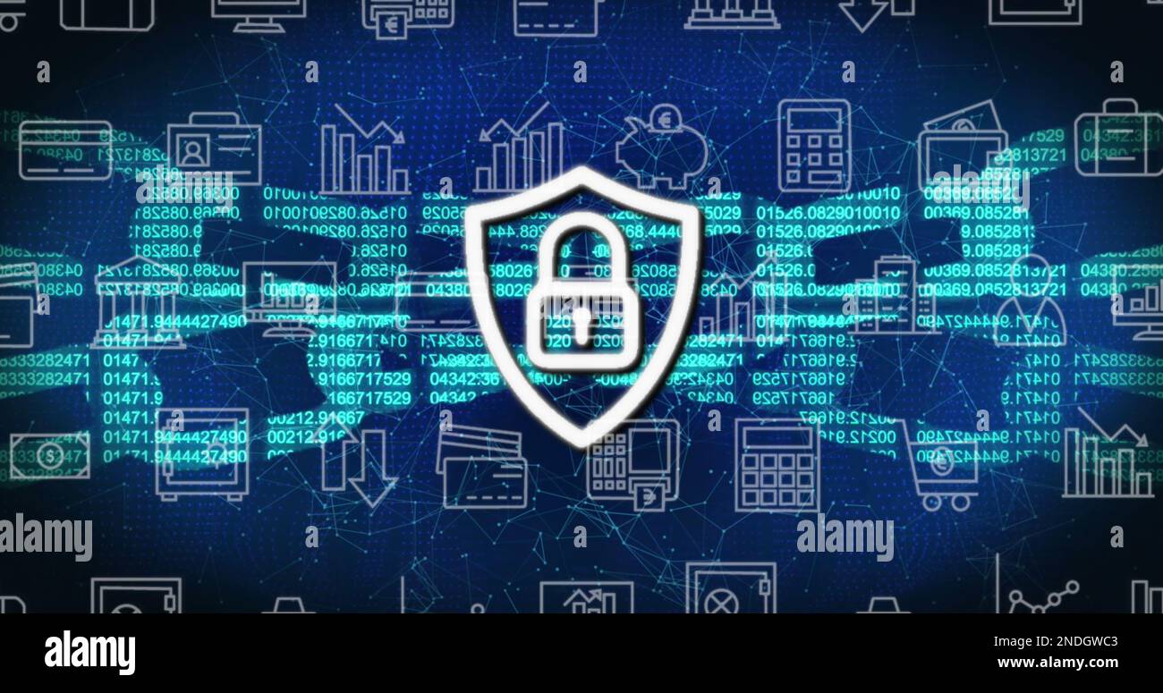 Composition of padlock icons over business icons and chains with data processing and connections ...