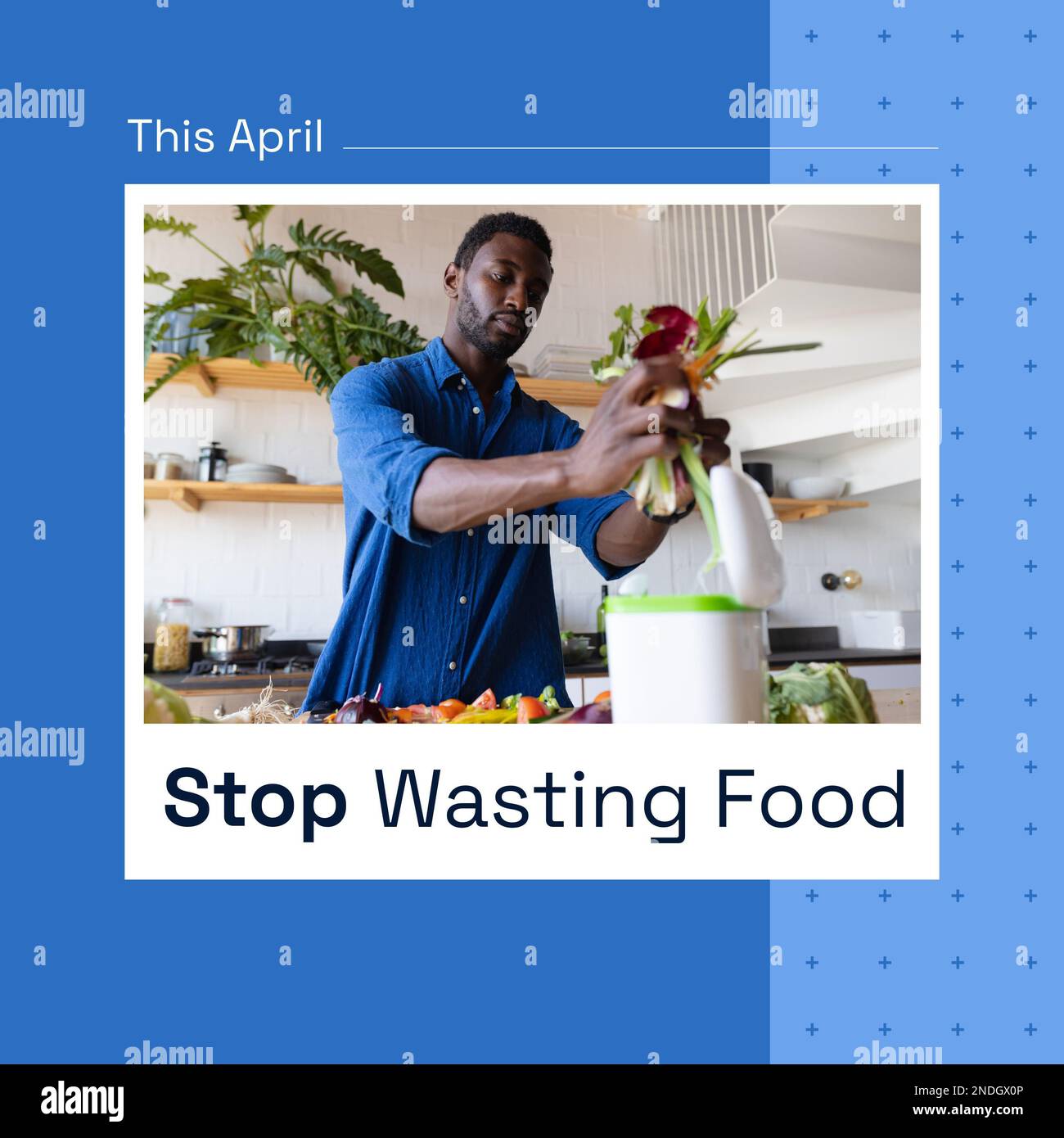 Composition of stop wasting food text over african american man dumping ...