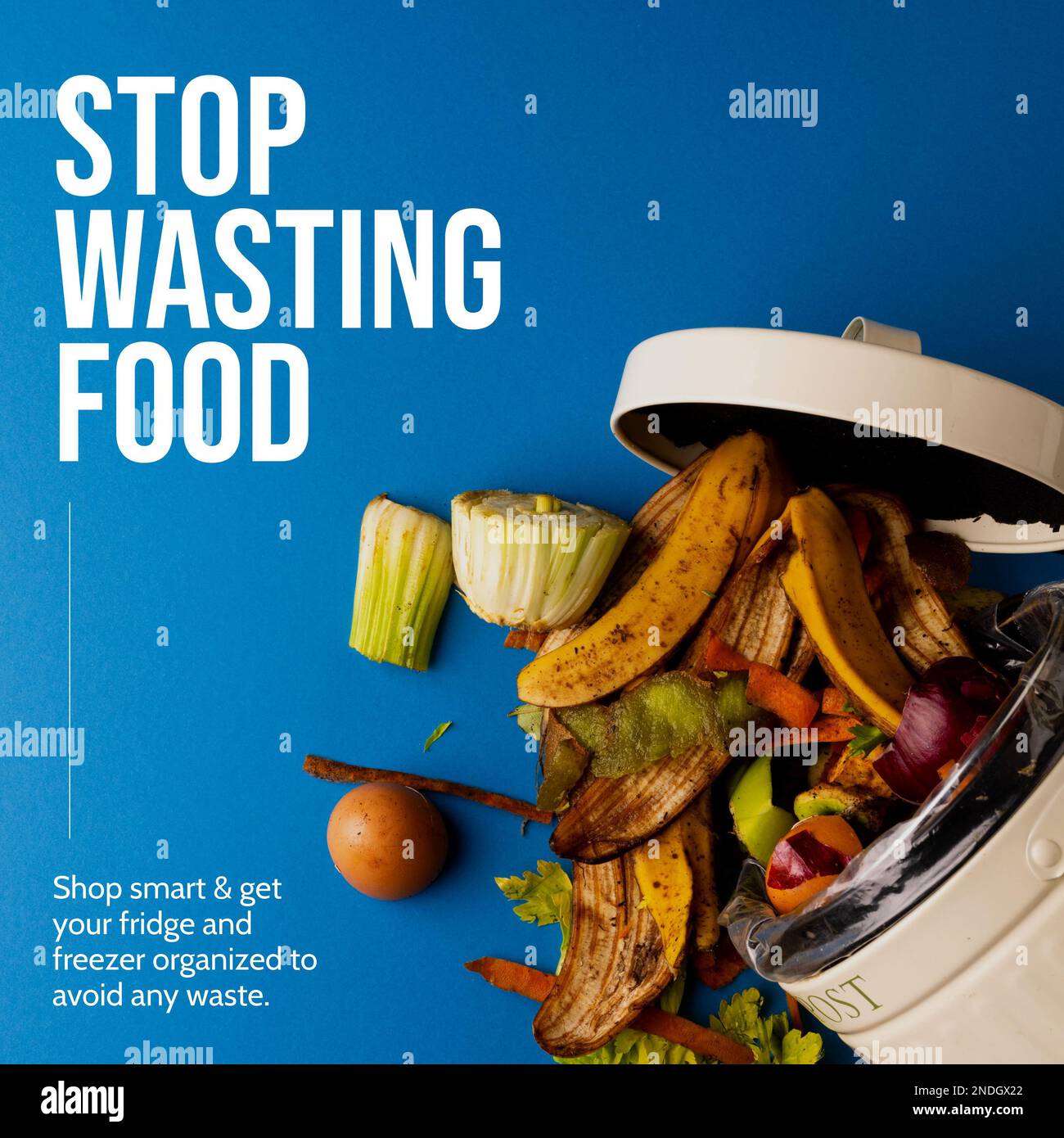 Composition of stop wasting food text over trash can with food waste ...