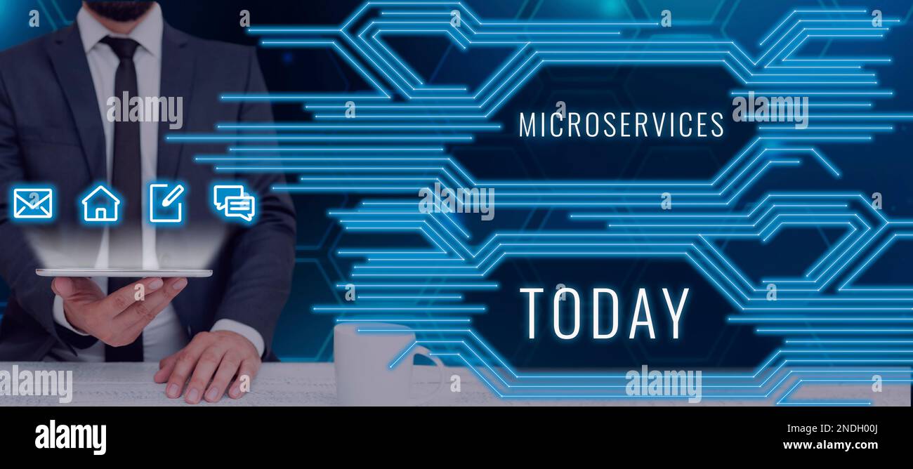 Writing displaying text Microservices. Business approach Software development technique Building ...