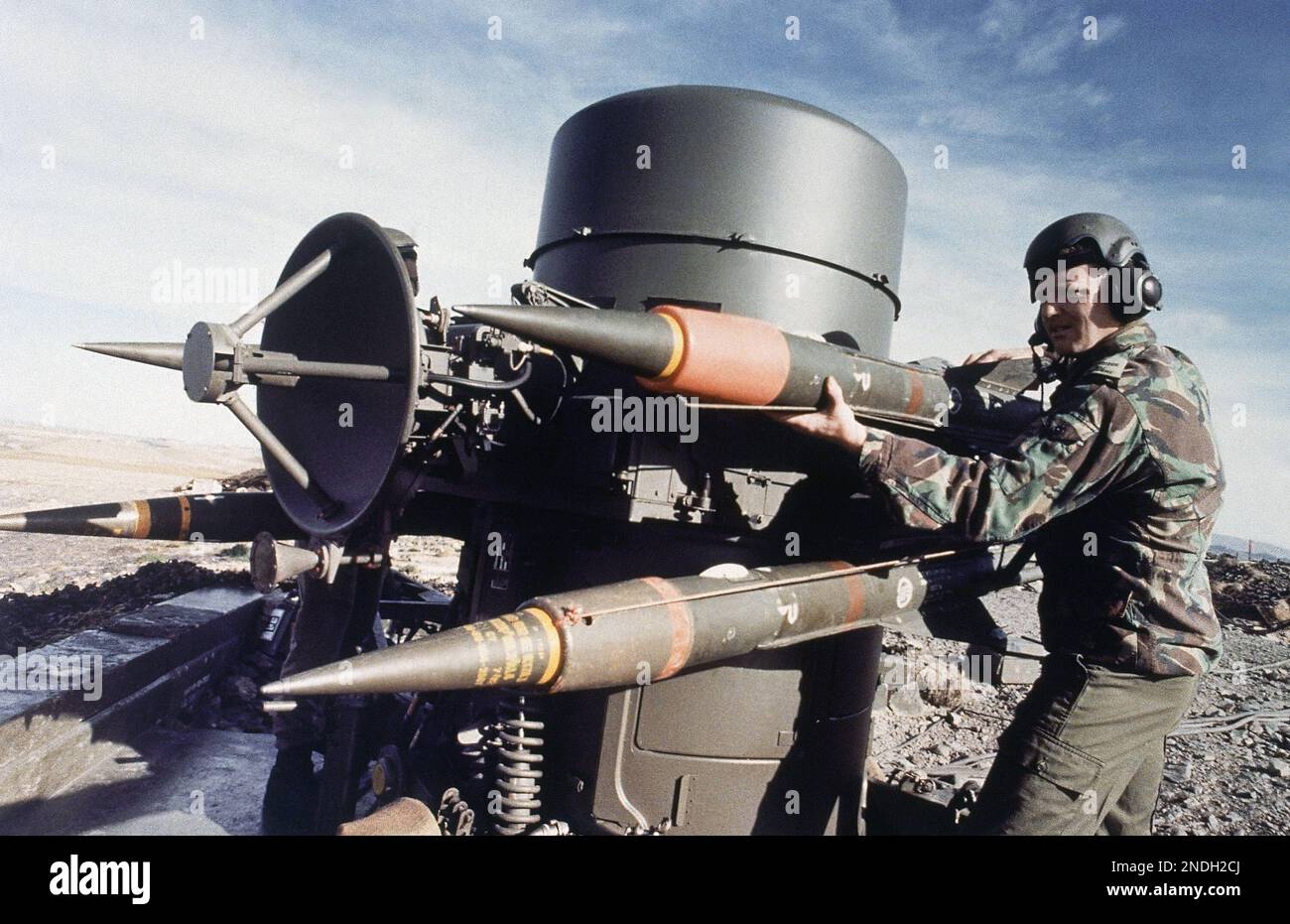A member of the Royal Air force Regiment loads a rapier missile into ...