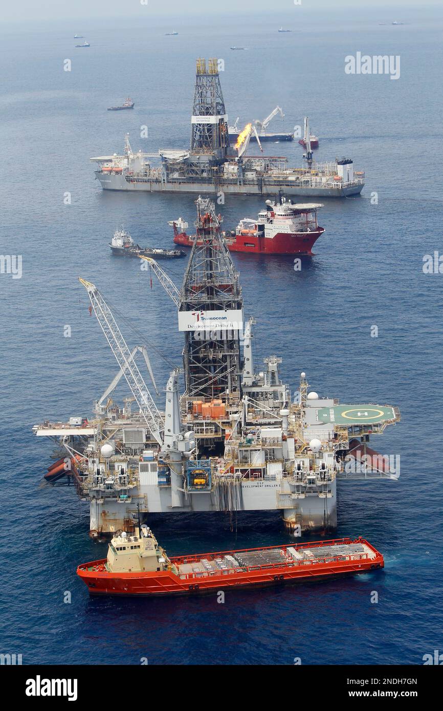 The Development Driller II, which is drilling a relief well, is seen at ...