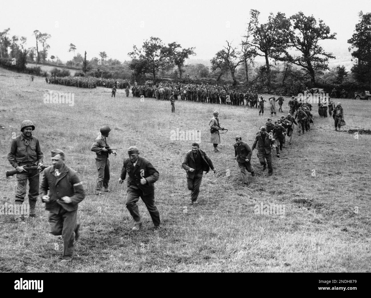 German prisoners taken in the assault on Cherbourg on their way towards the trucks in France, on ...