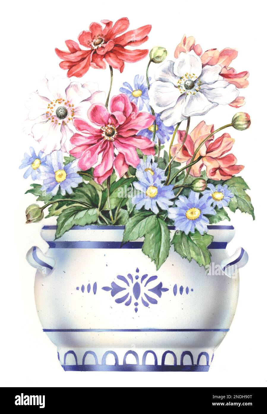 flowers in painted ceramic pot on white Stock Photo - Alamy