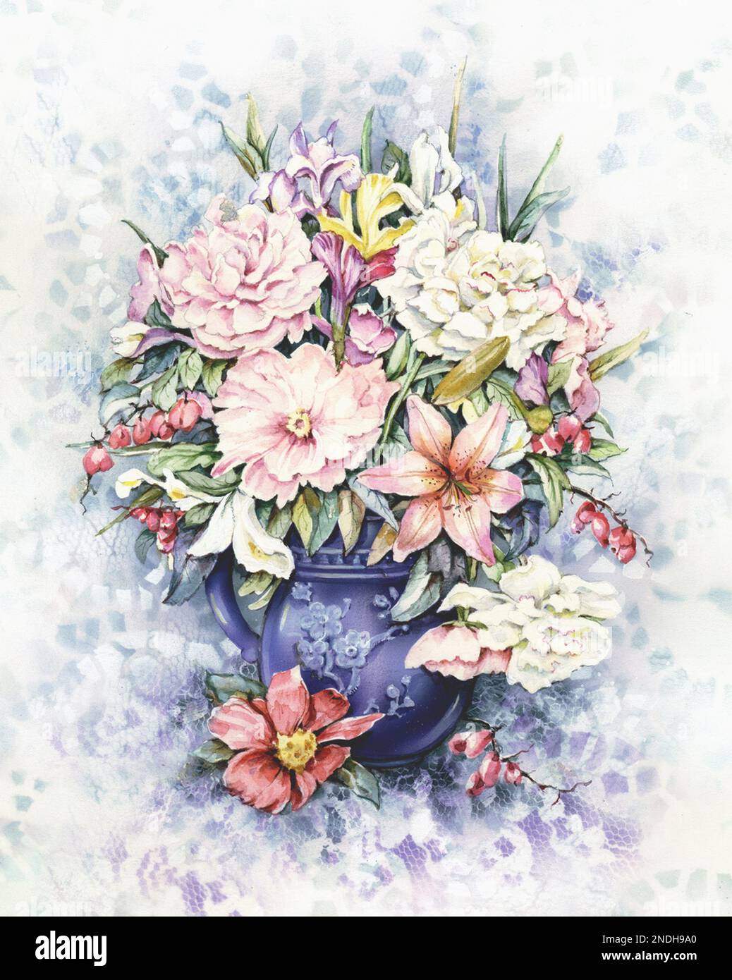 Flowers mixed bunch in jug with lace background on white Stock Photo ...