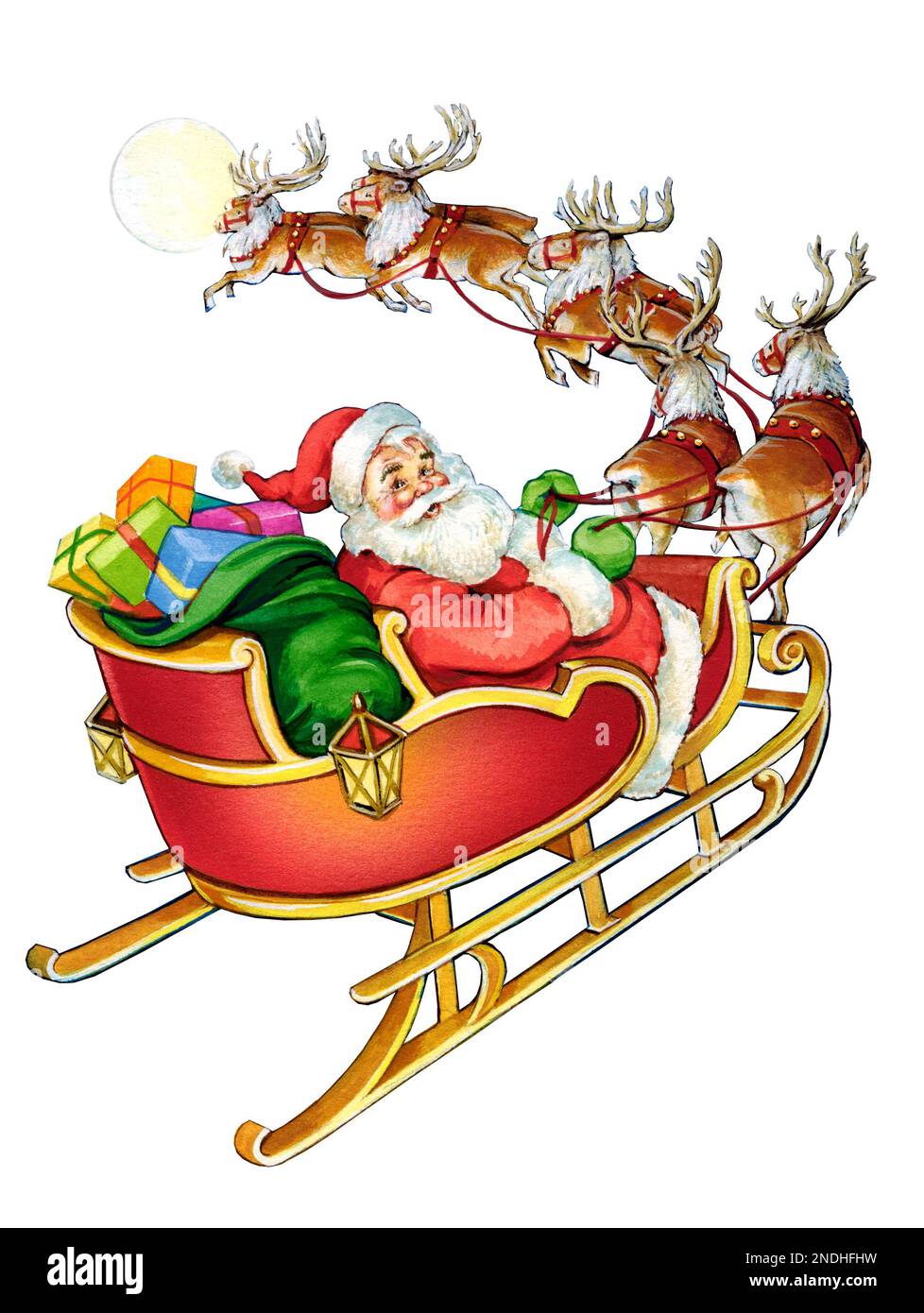 Santa in sleigh with reindeers flying on white background Stock Photo ...