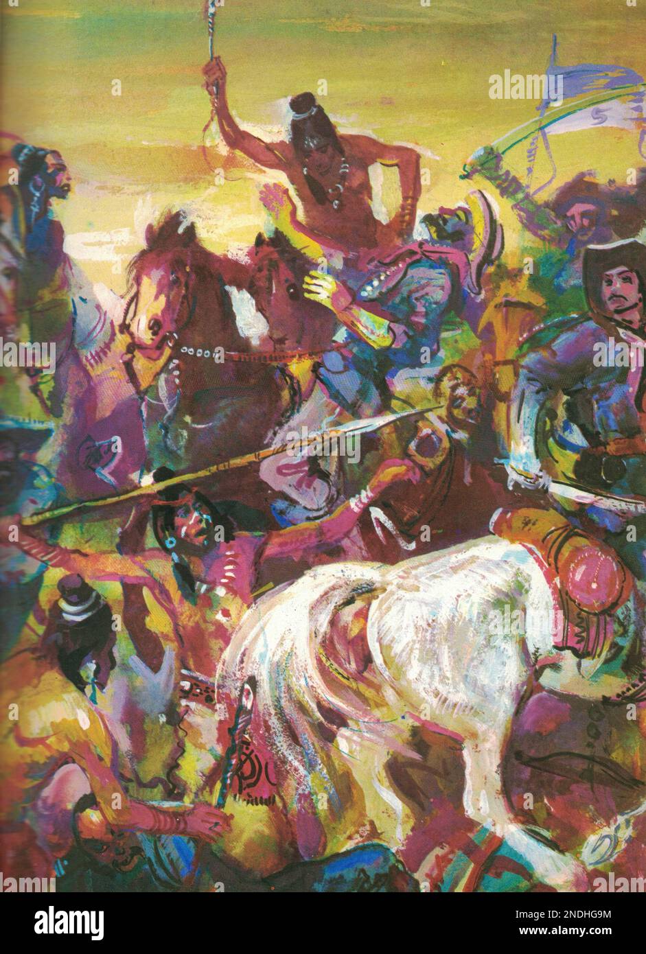 Wild West painting. Old illustration shows the battle between the ...