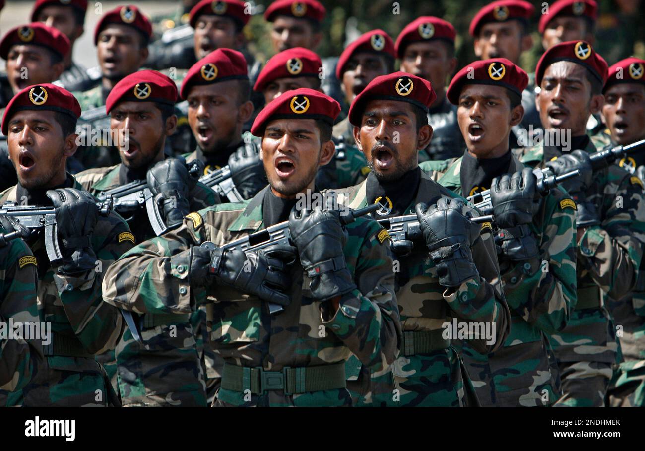 Sri Lankan Army commando soldiers participate in a victory day parade ...
