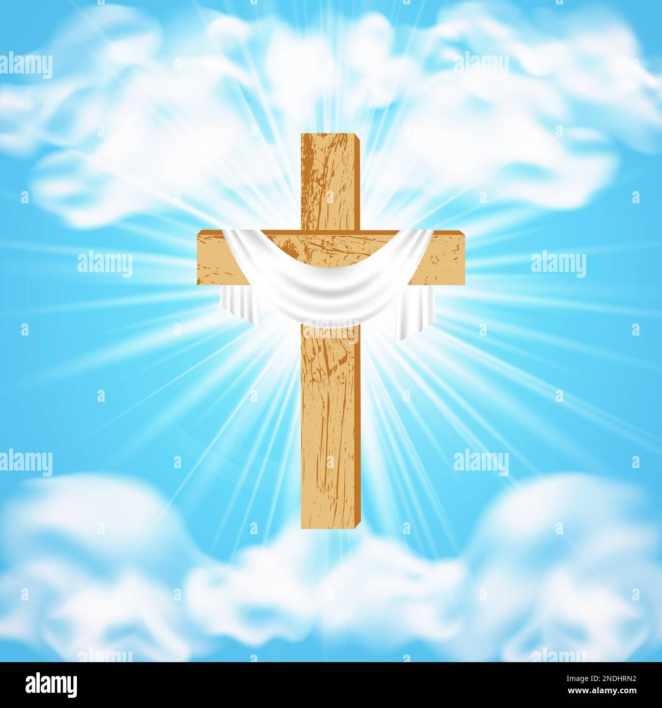 He is Risen. Easter. Light blue background with Christian wooden cross ...