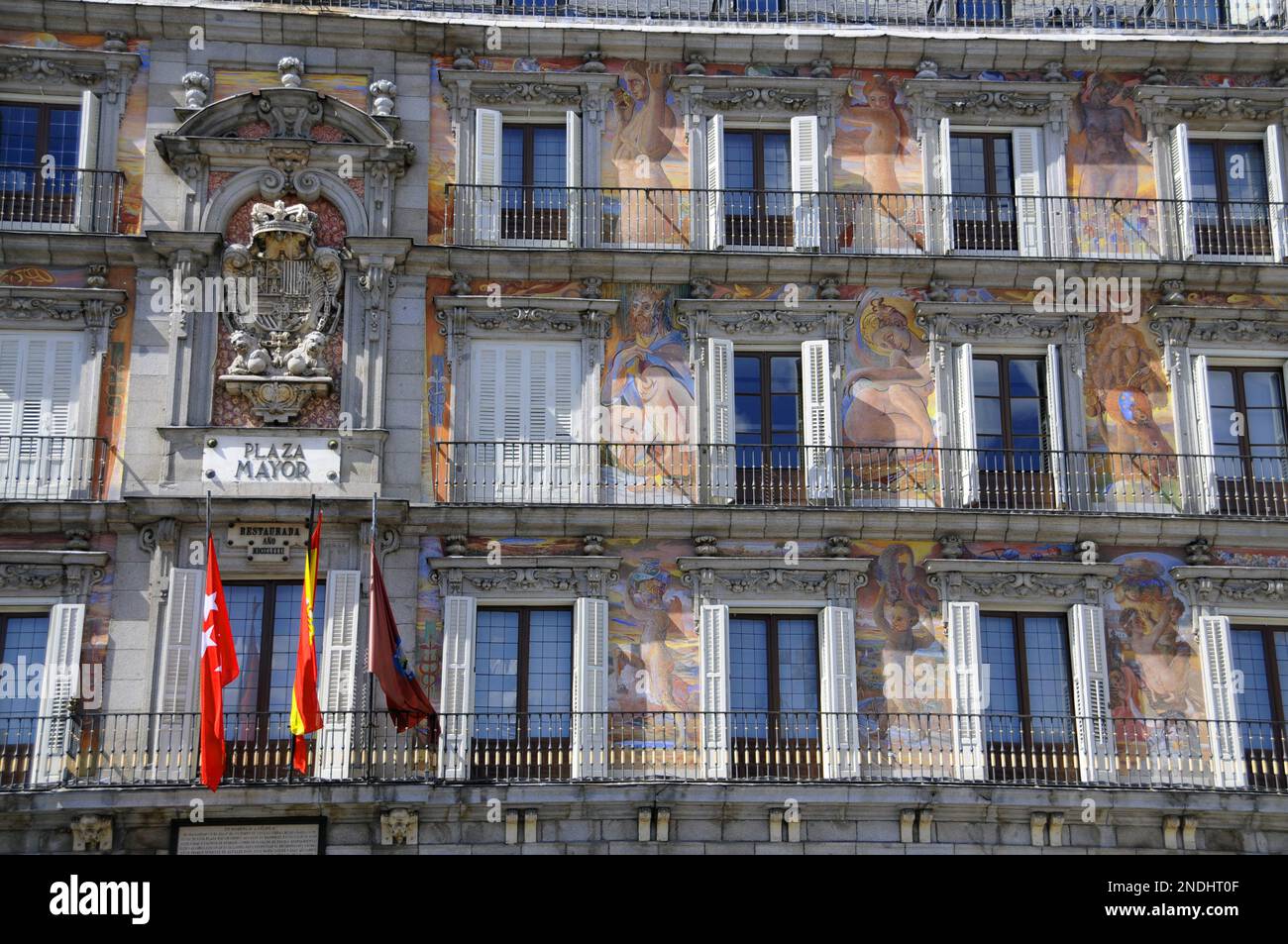 Murals and flags, Plaza Mayor, Madrid, Spain, Europe Stock Photo - Alamy