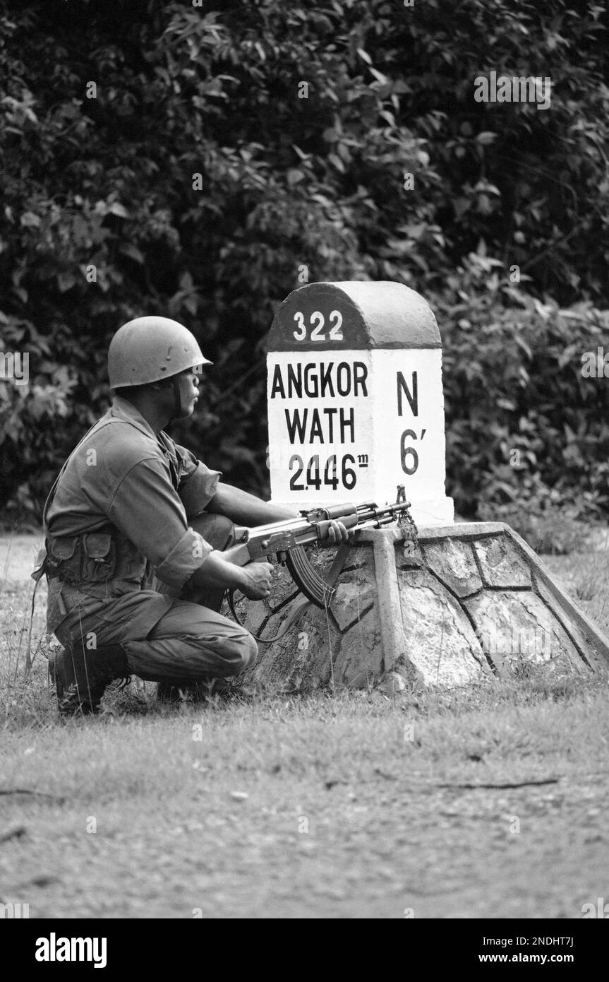 A Cambodian Army soldier fires his Chinese-made AK-47 rifle toward the ...
