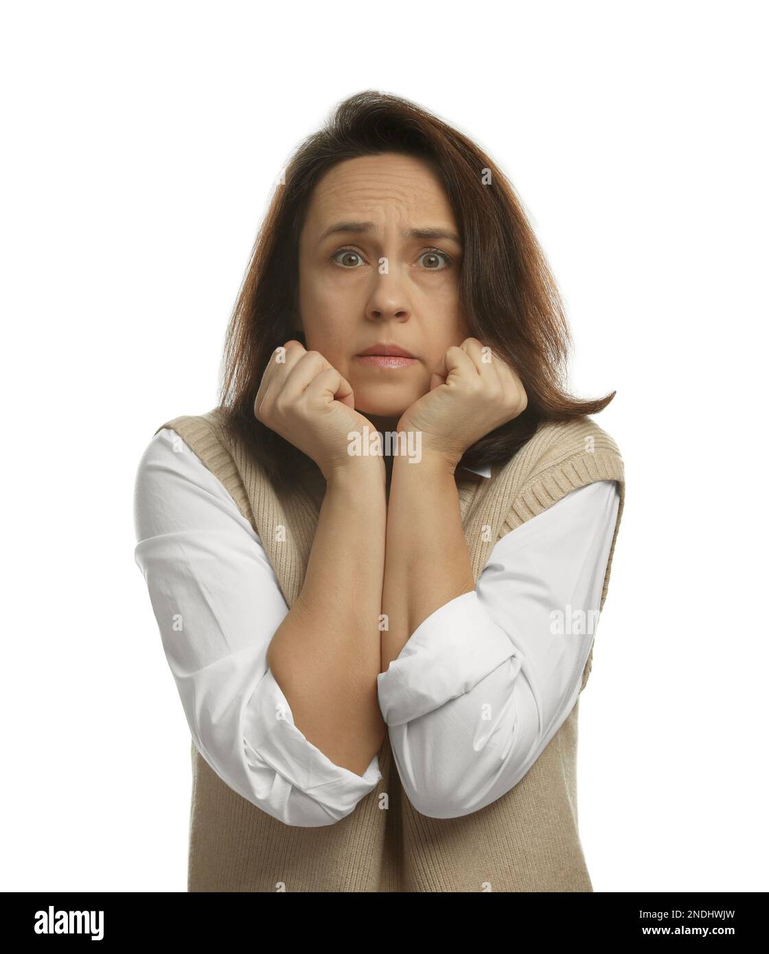 Mature woman feeling fear on white background Stock Photo - Alamy