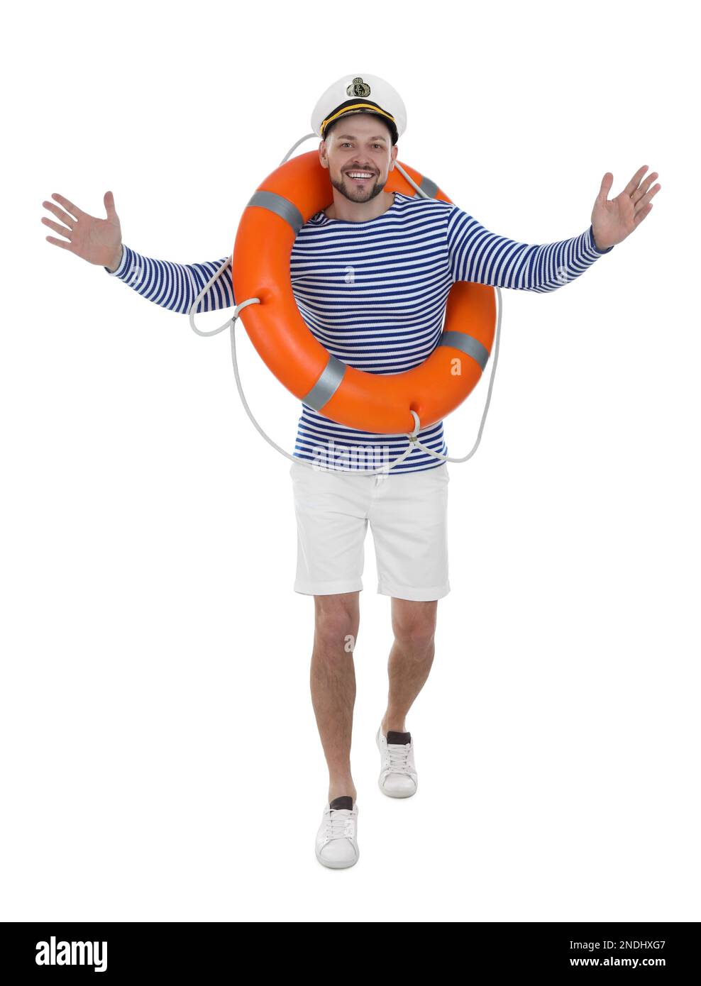 Happy sailor with orange ring buoy on white background Stock Photo - Alamy