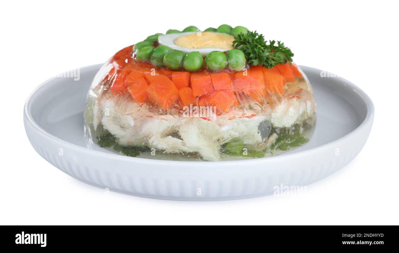 Delicious fish aspic in plate isolated on white Stock Photo - Alamy