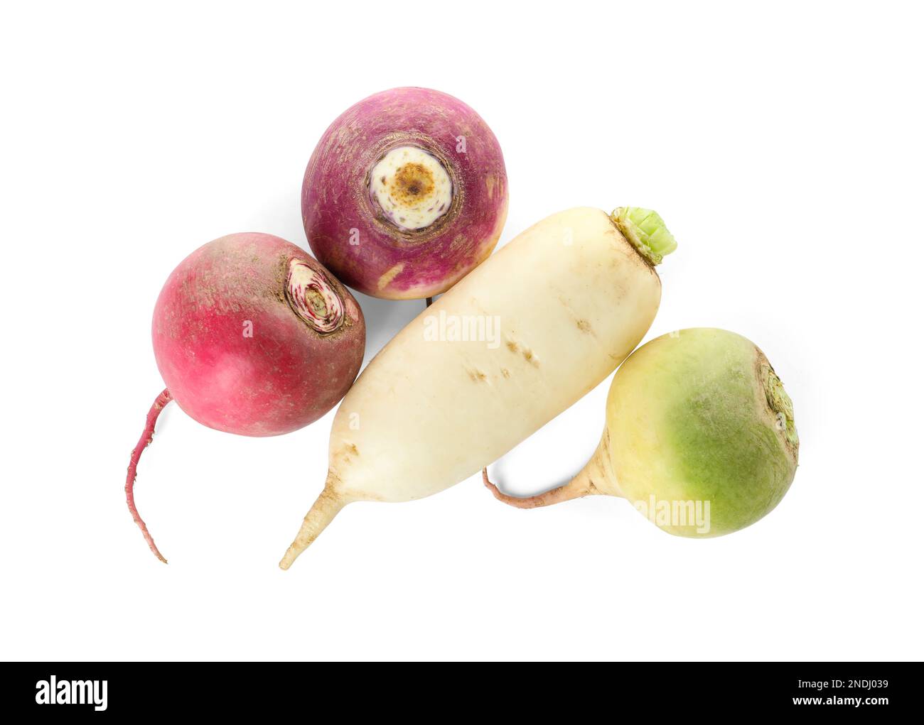 Different ripe turnips on white background, top view Stock Photo - Alamy