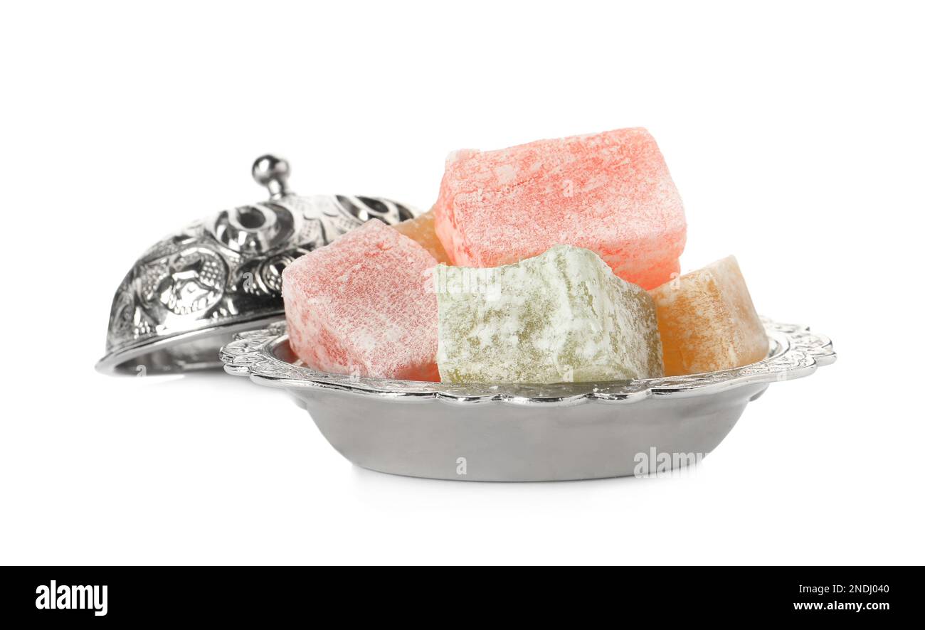Turkish delight dessert in plate on white background Stock Photo - Alamy