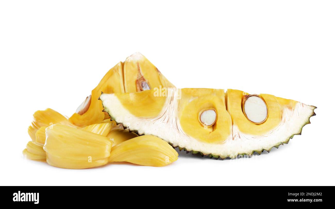 Slices of fresh exotic jackfruit and bulbs on white background Stock ...