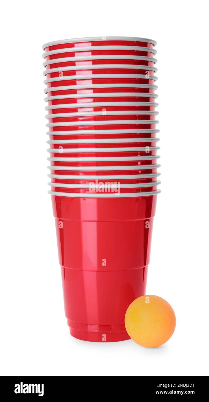 Red plastic cups and ball for beer pong on white background Stock Photo ...