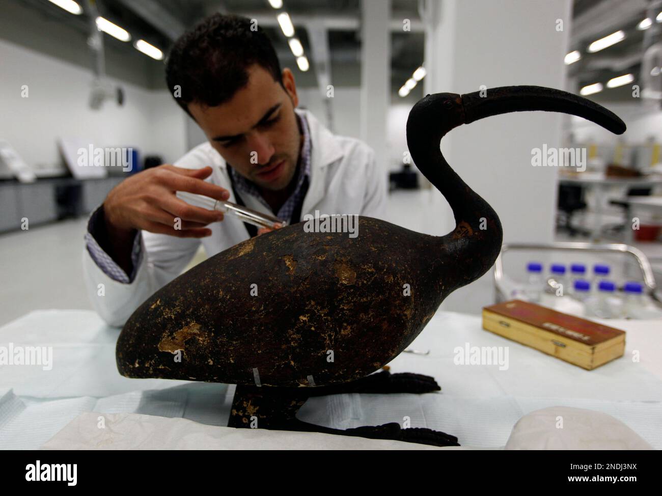 An Egyptian archeological technician works on a wooden statuette of ...
