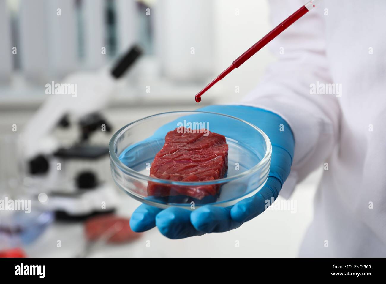 Scientist dripping red liquid onto cultured meat in laboratory, closeup ...