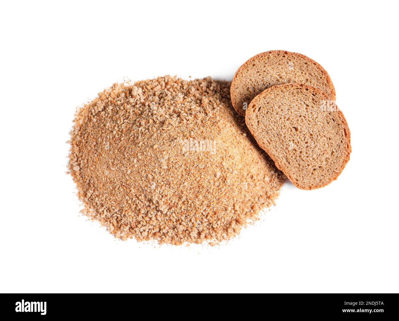 Fresh bread crumbs and slices of loaf on white background, above view ...