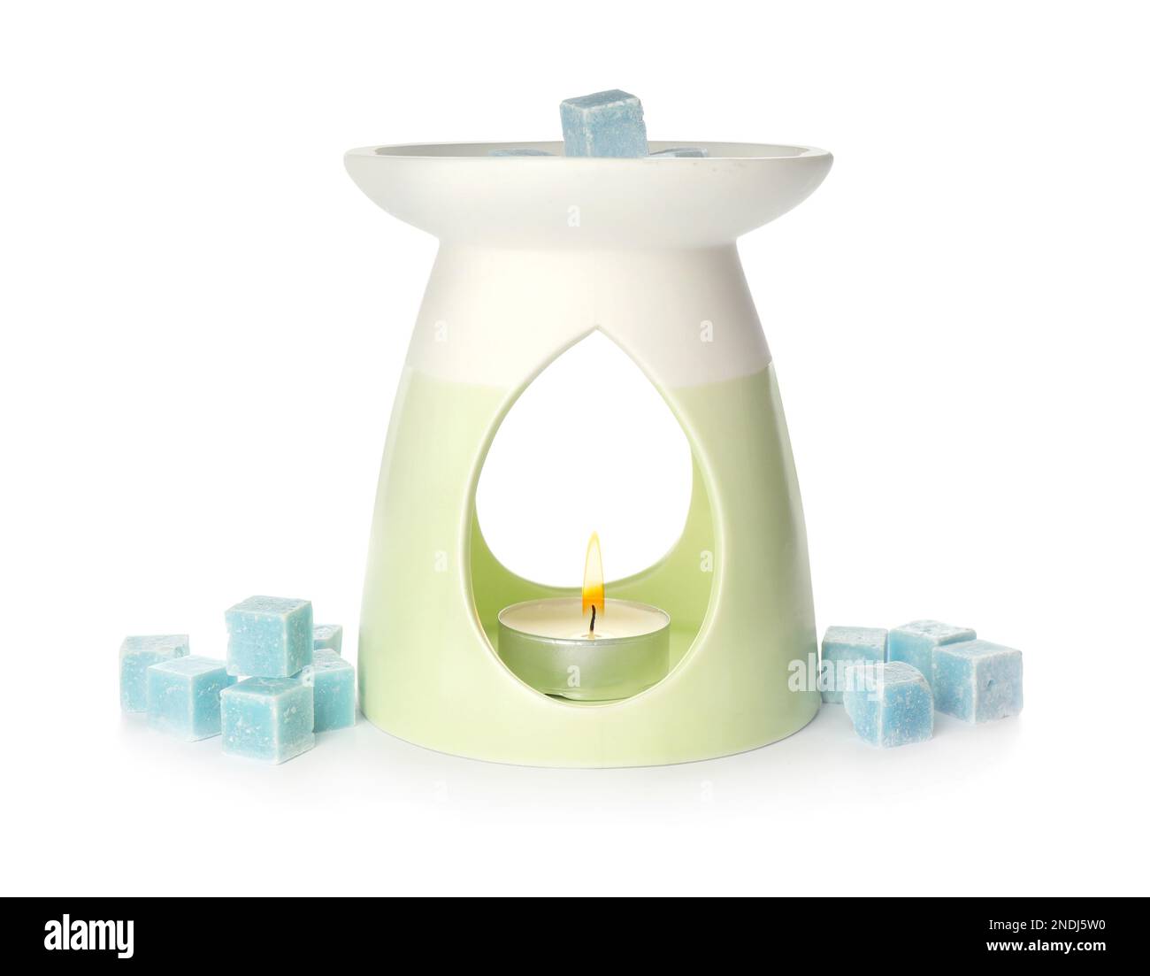 Stylish aroma lamp with essential wax cubes on white background Stock ...
