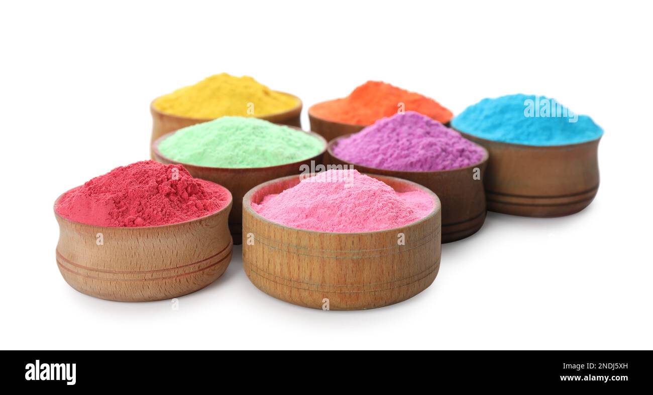 Colorful powder dyes in bowls on white background. Holi festival Stock ...