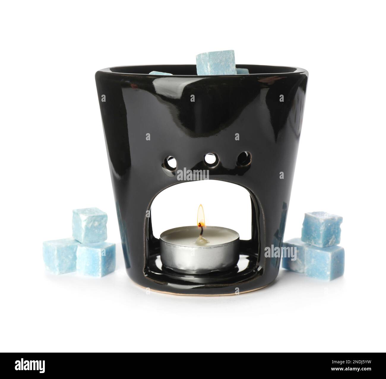 Stylish aroma lamp with essential wax cubes on white background Stock ...