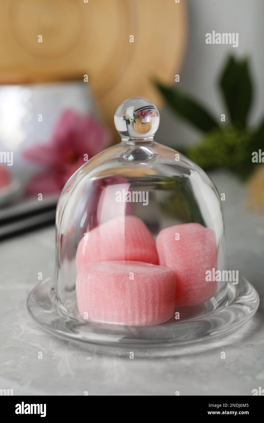 Glass cloche with delicious mochi on grey table. Traditional Japanese ...