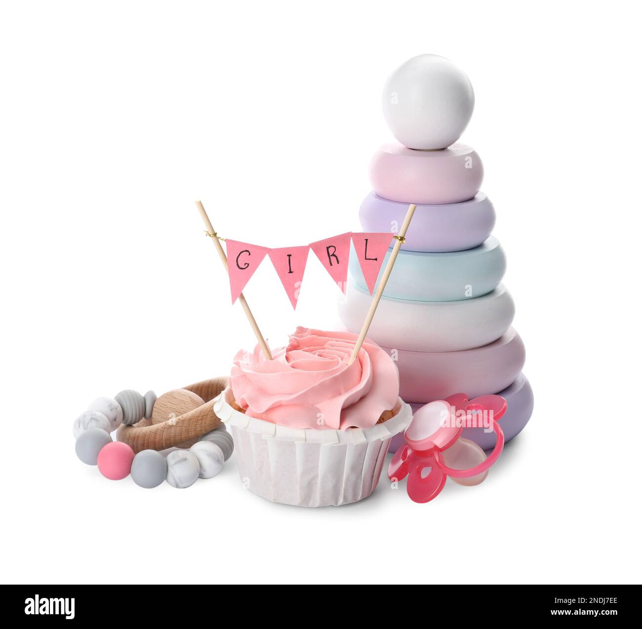 Baby shower cupcake with Girl topper near pacifier and toys on white ...