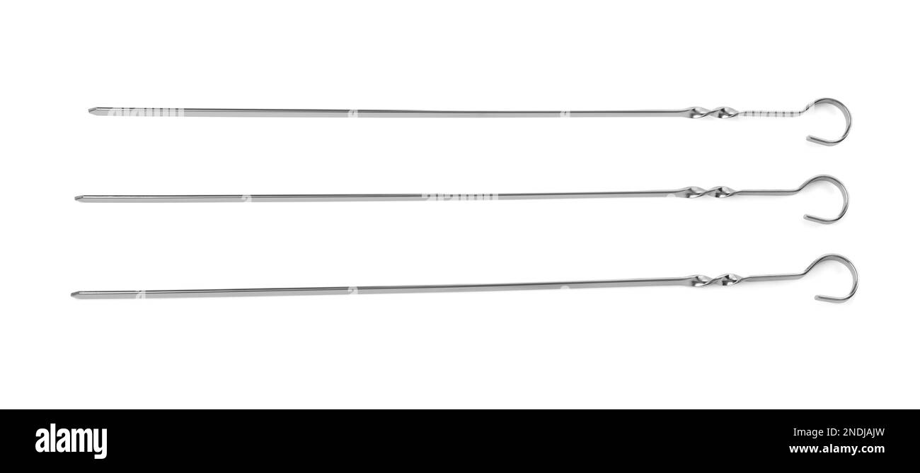 Metal skewers on white background, top view. Barbecue utensil Stock ...