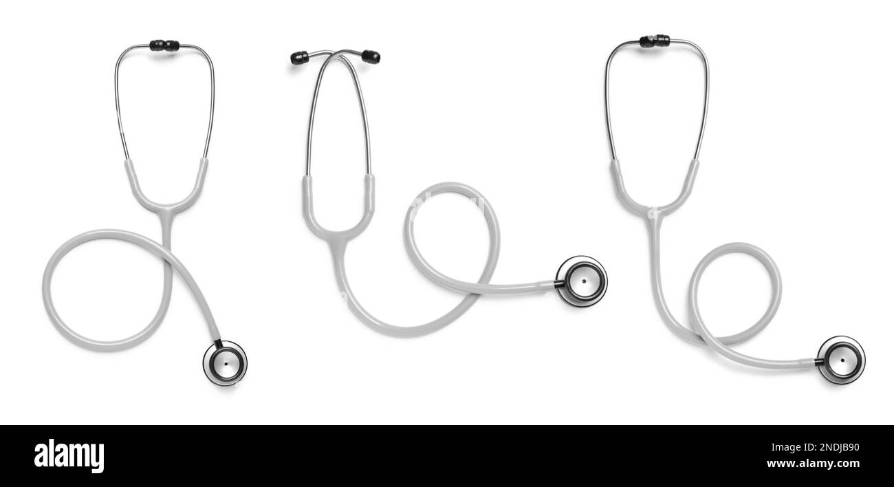 Set with stethoscopes on white background, top view. Banner design ...
