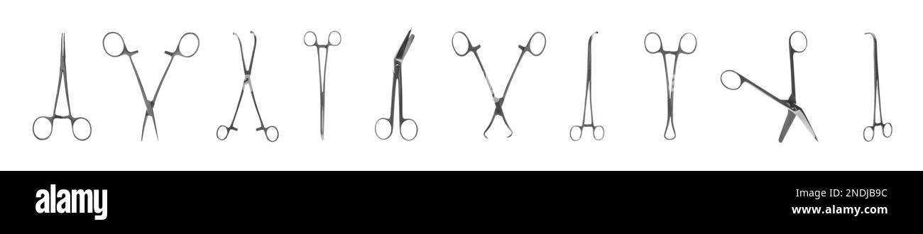 Set with different surgical instruments on white background. Banner ...