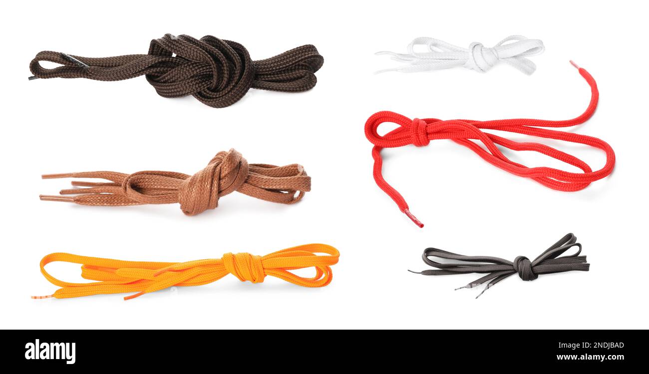 Set with different shoe laces on white background. Banner design Stock ...