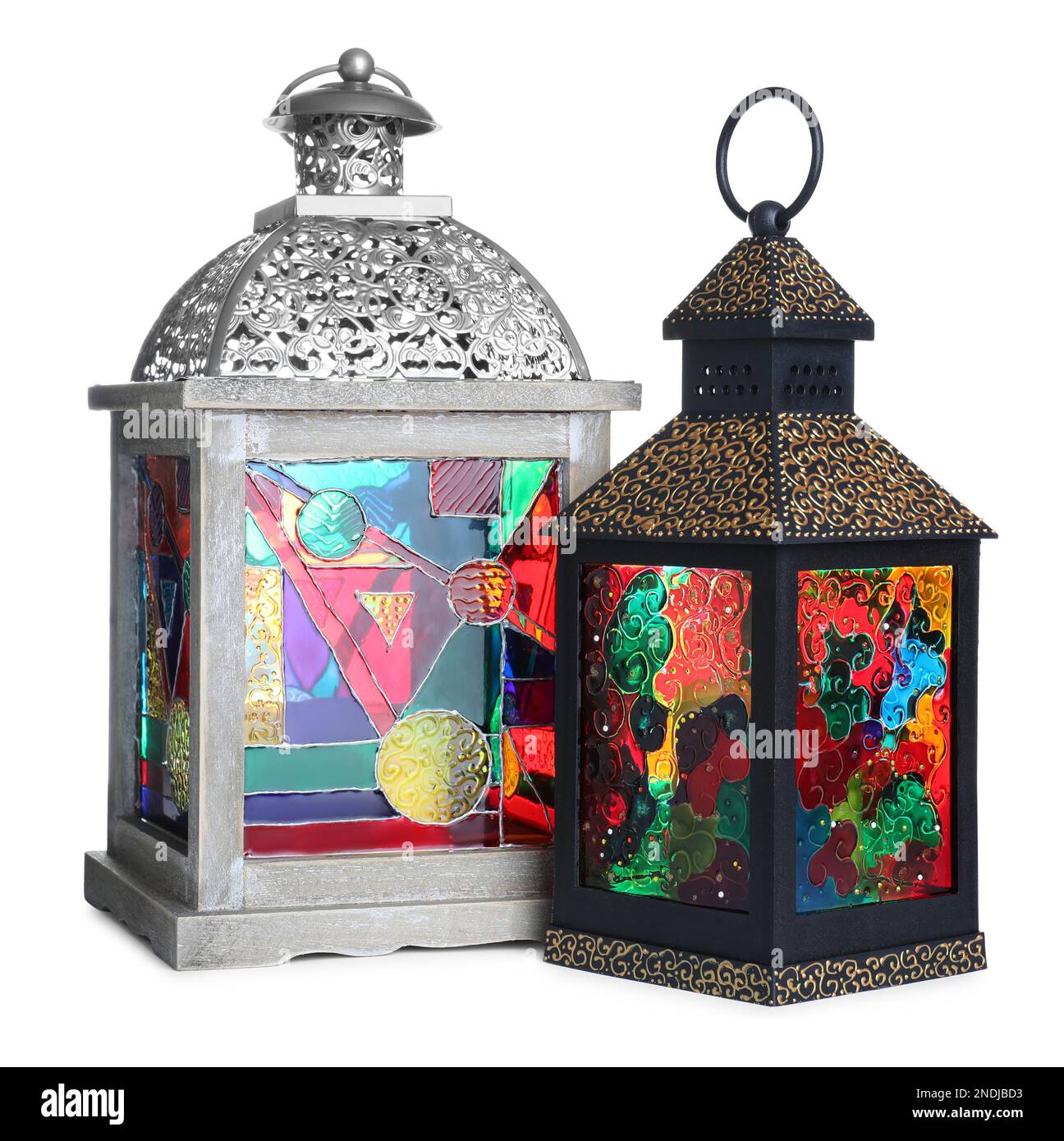 Different decorative Arabic lanterns on white background Stock Photo ...