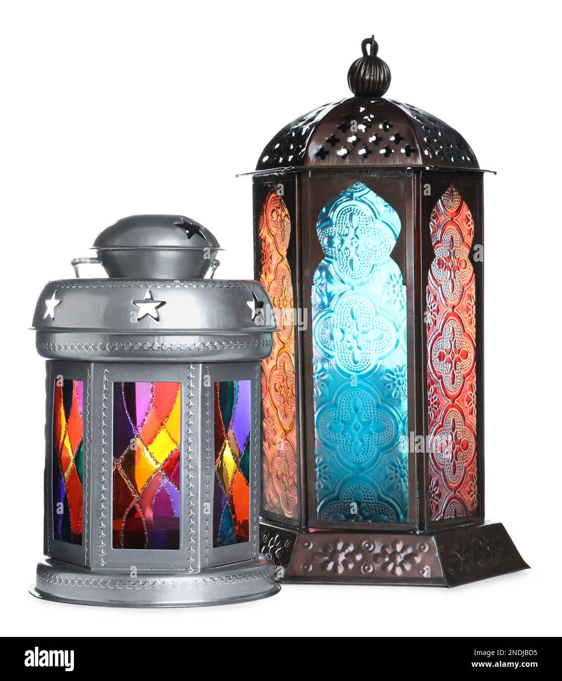 Different decorative Arabic lanterns on white background Stock Photo ...