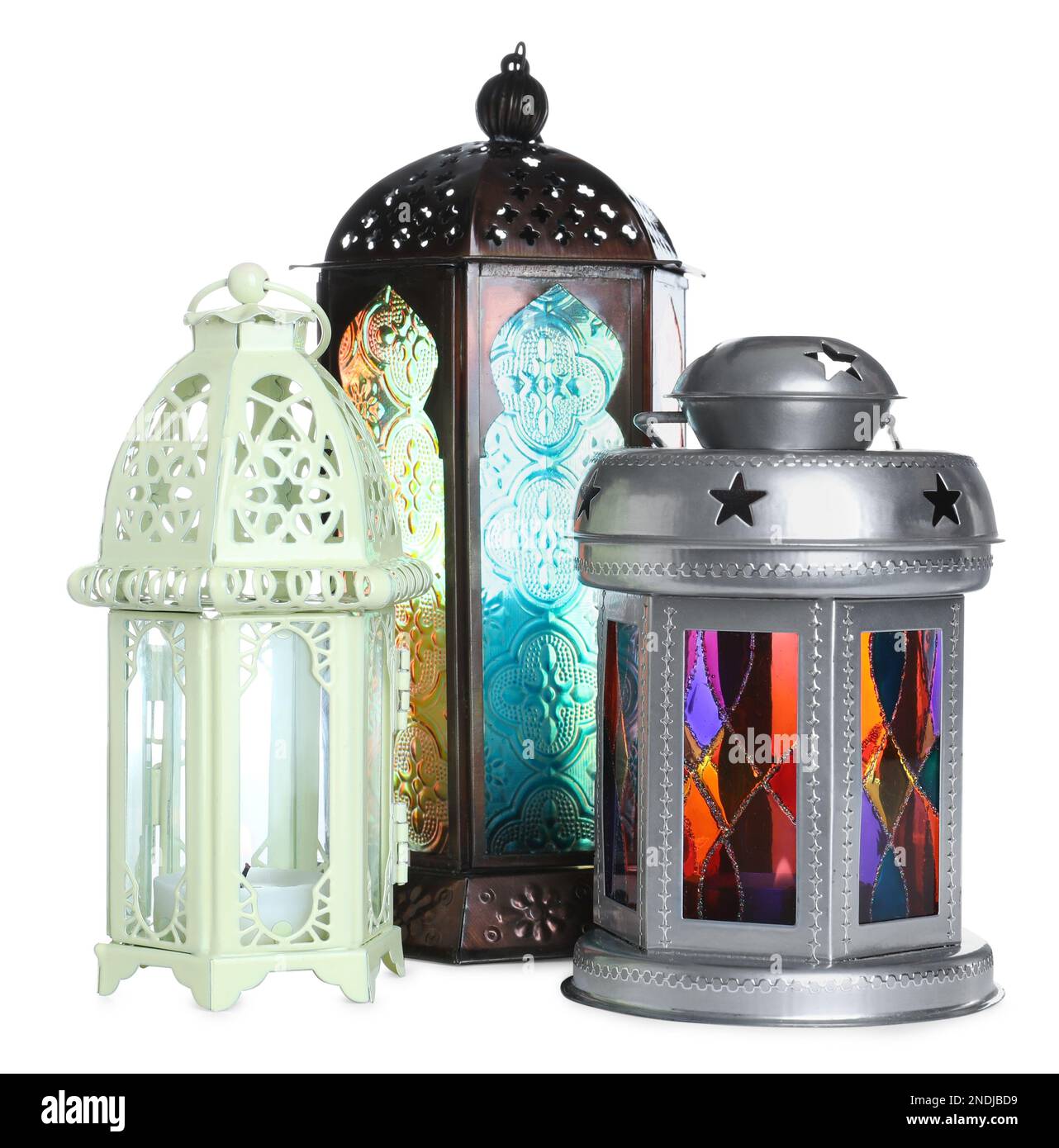 Different decorative Arabic lanterns on white background Stock Photo ...