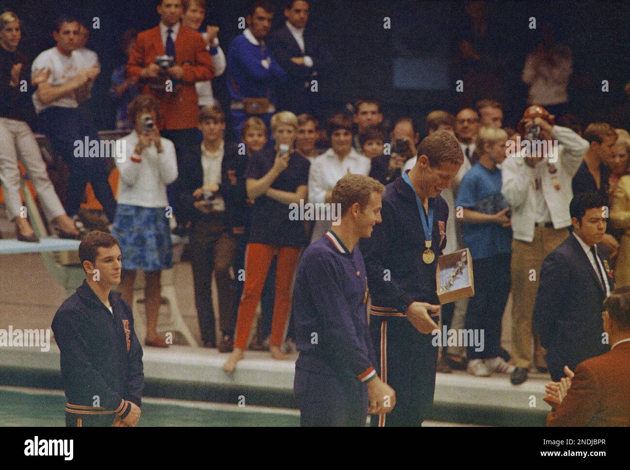 This is a view of the medal ceremonies at the 1968 Summer Olympics in ...