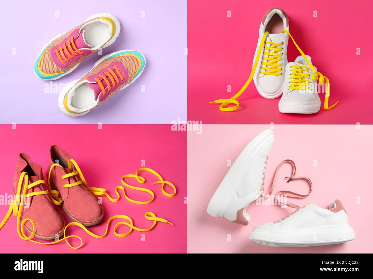 Stylish shoes with bright laces on different color backgrounds, collage ...