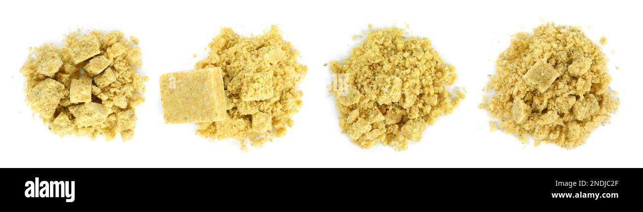 Set with bouillon cubes on white background, top view. Banner design ...
