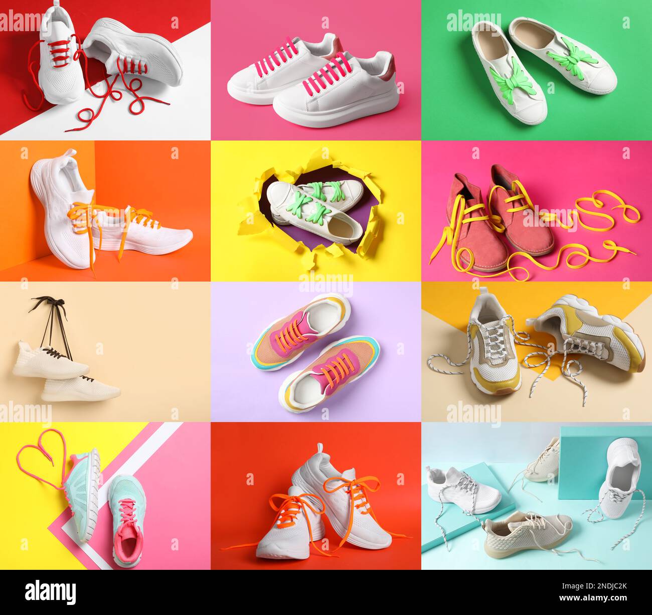 Stylish shoes with bright laces on different color backgrounds, collage ...