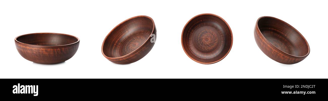Set with clay bowls on white background. Banner design Stock Photo - Alamy