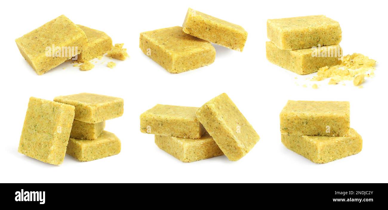 Set with bouillon cubes on white background. Banner design Stock Photo ...