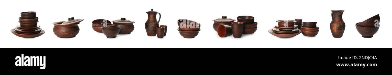 Set with clay dishes on white background. Banner design Stock Photo - Alamy