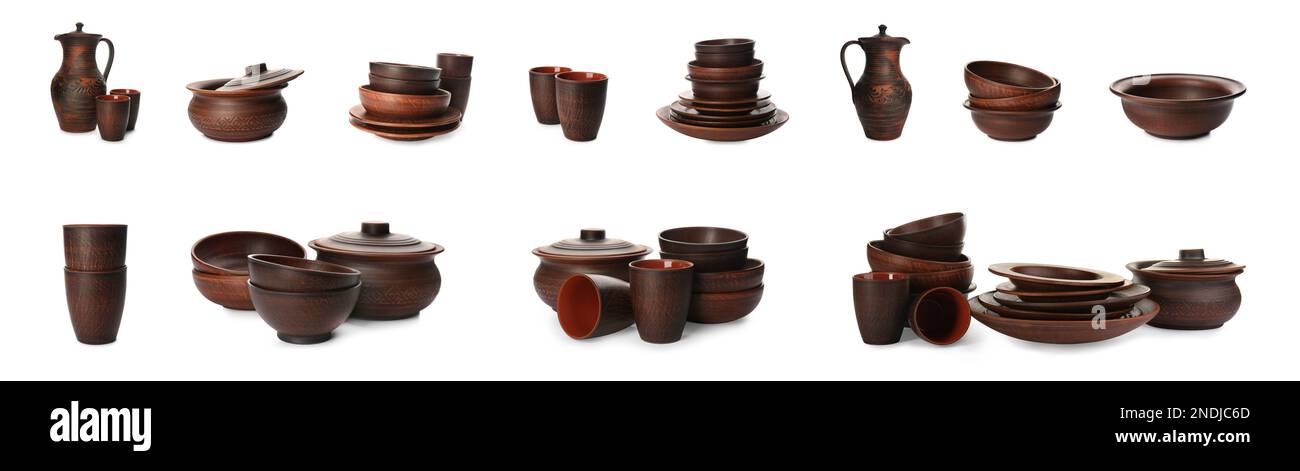 Set with clay dishes on white background. Banner design Stock Photo - Alamy