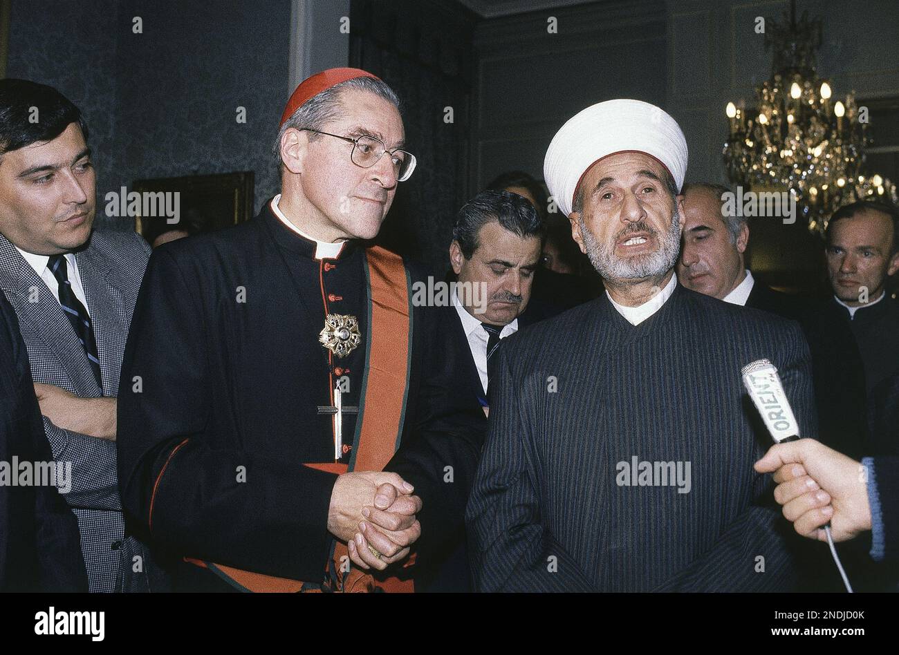 Grand Mufti Sheikh Hassan Khaled of Lebanon, right, pictured in Paris in October 1985. (AP Photo ...