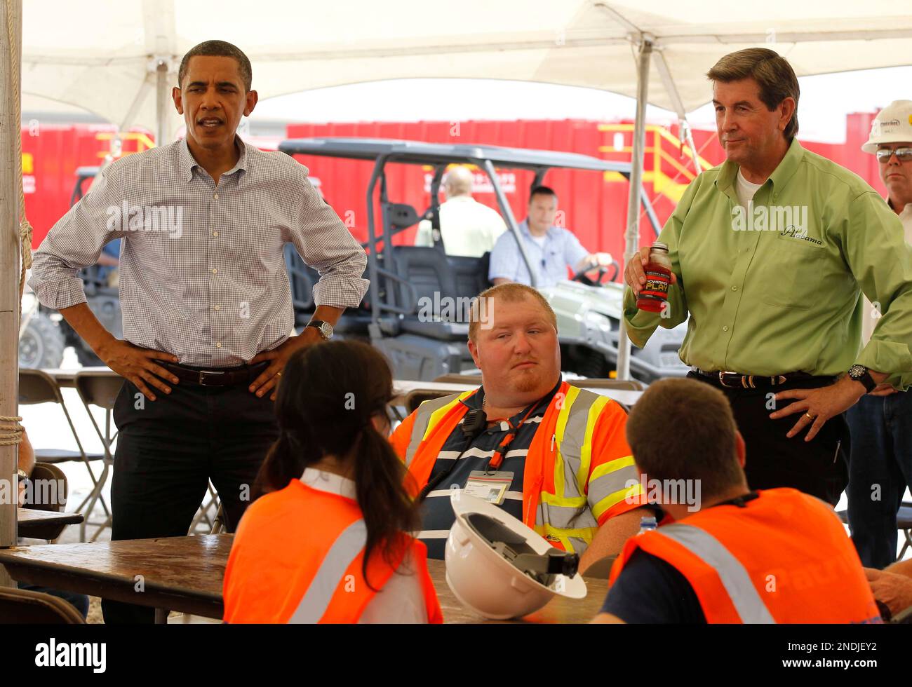 President Barack Obama, and Alabama Gov. Bob Riley, right, visit a ...