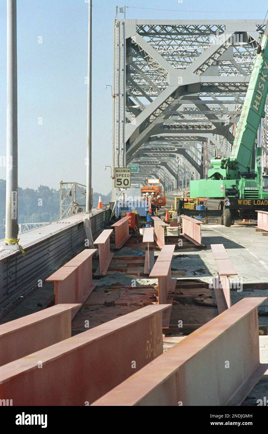I beams that will support the roadbed of the San Franscisco-Oakland Bay ...