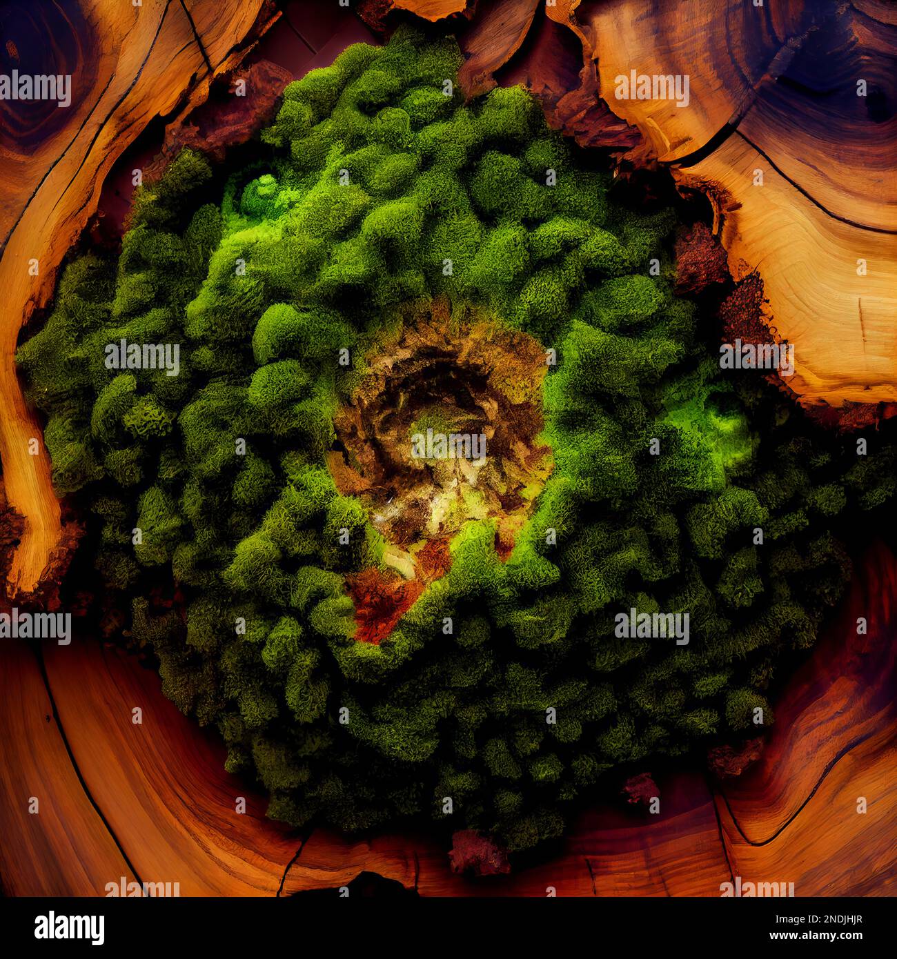 Burl wood surface with moss abstract background. Decorative timber ...